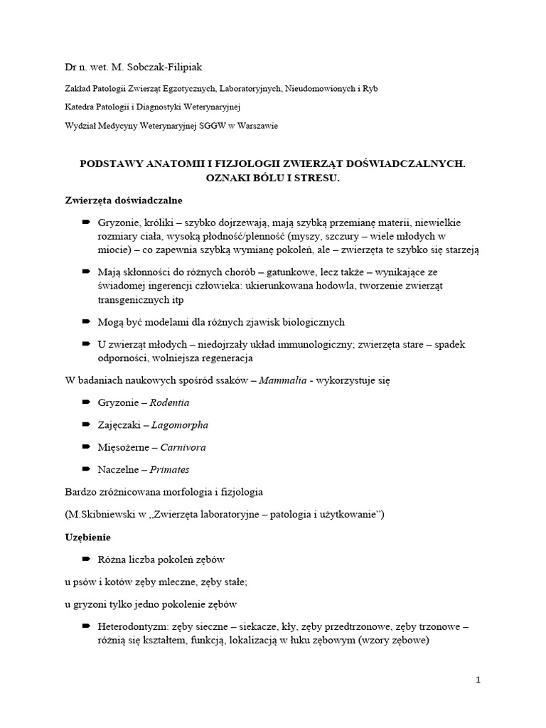 Podstawy Anatomii I Fizjologii Zwierząt Doświadczalnych. Oznaki Bólu I Stresu. Zwierzęta ...