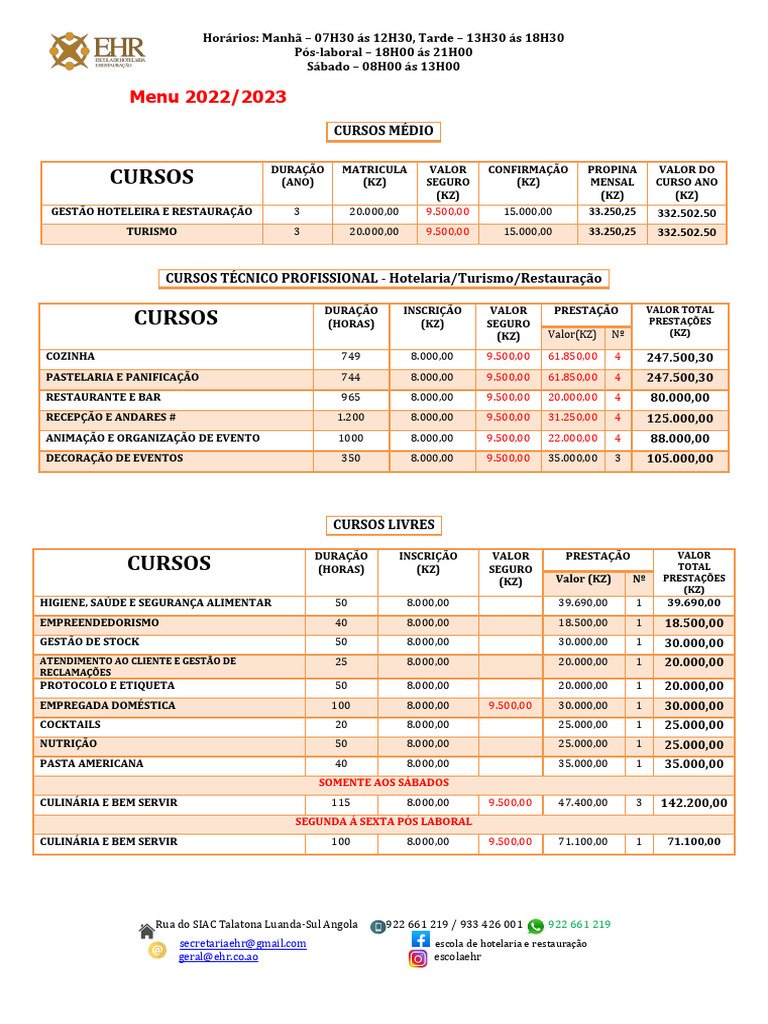 Menu Dos Cursos 2022-2023 A5 | PDF