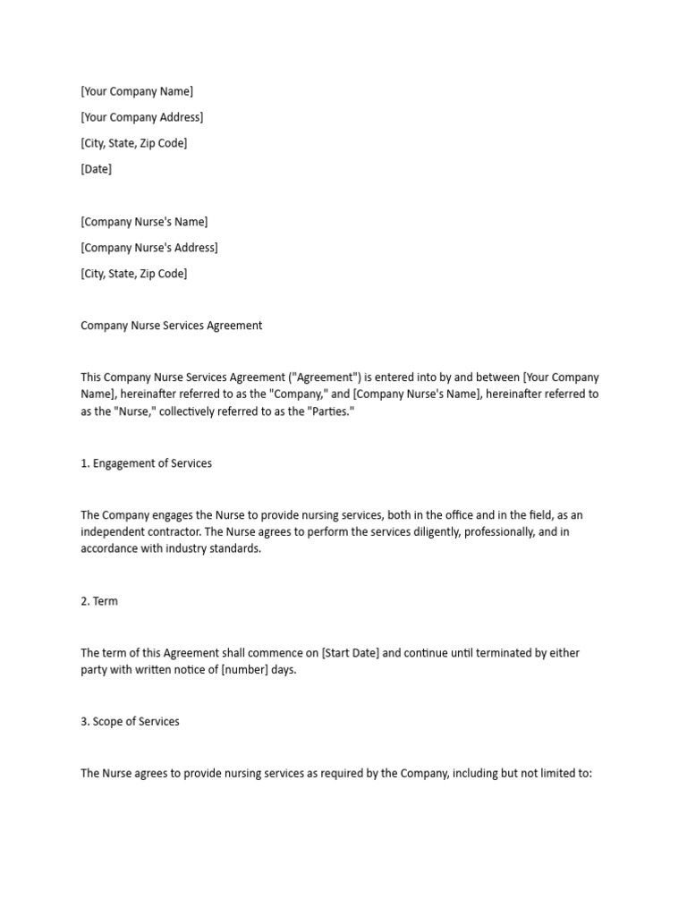 Company Nurse Services Agreement - Template | PDF | Nursing | Employment