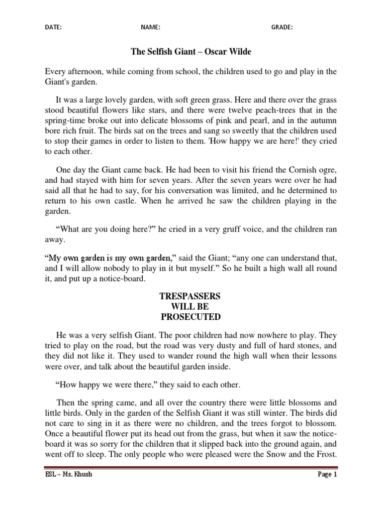 Oscar Wilde - The Selfish Giant | PDF | The Happy Prince And Other Tales