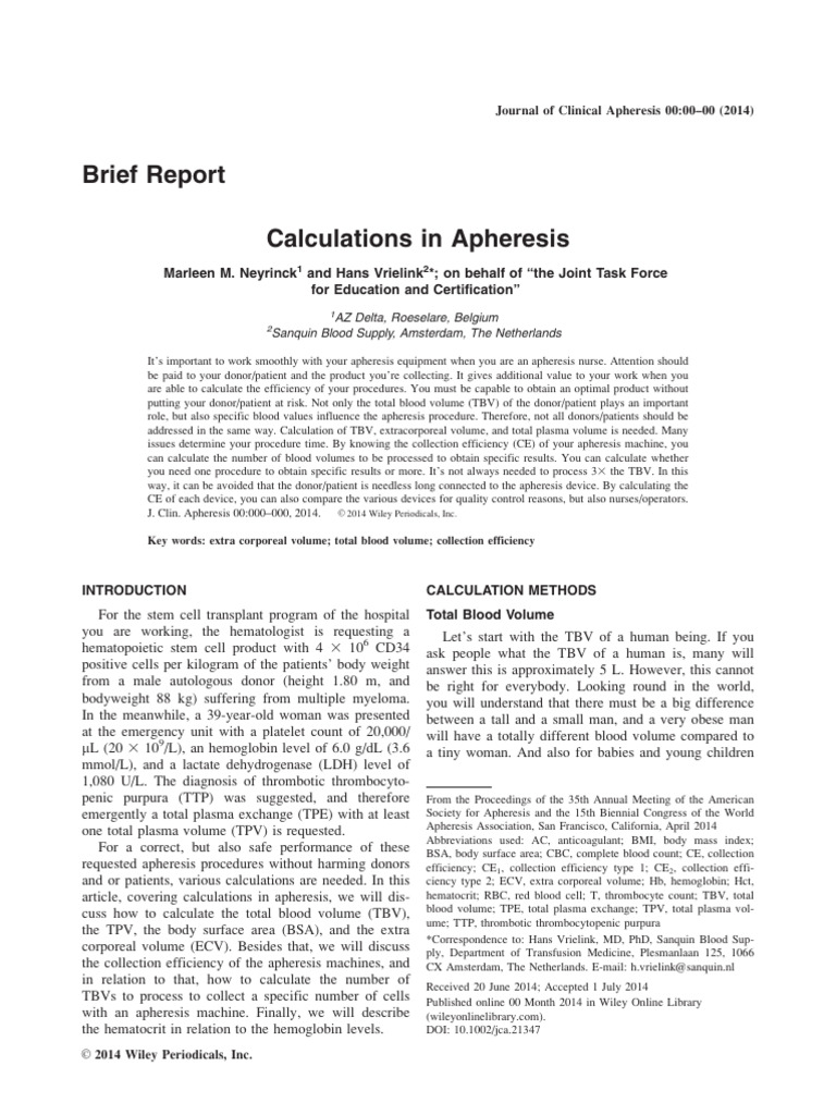 Calculation in Apheresis | PDF | Blood Donation | Body Mass Index