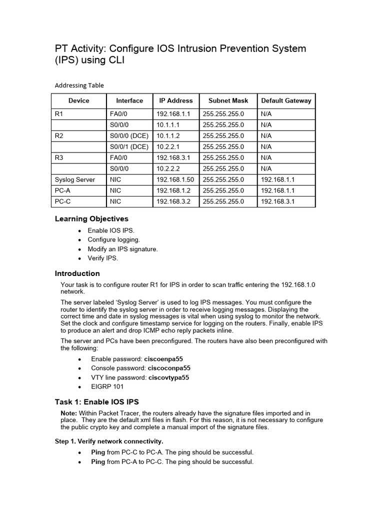 PT Activity Configure IOS Intrusion Prevention System (IPS) Using CLI | PDF | Ip Address ...