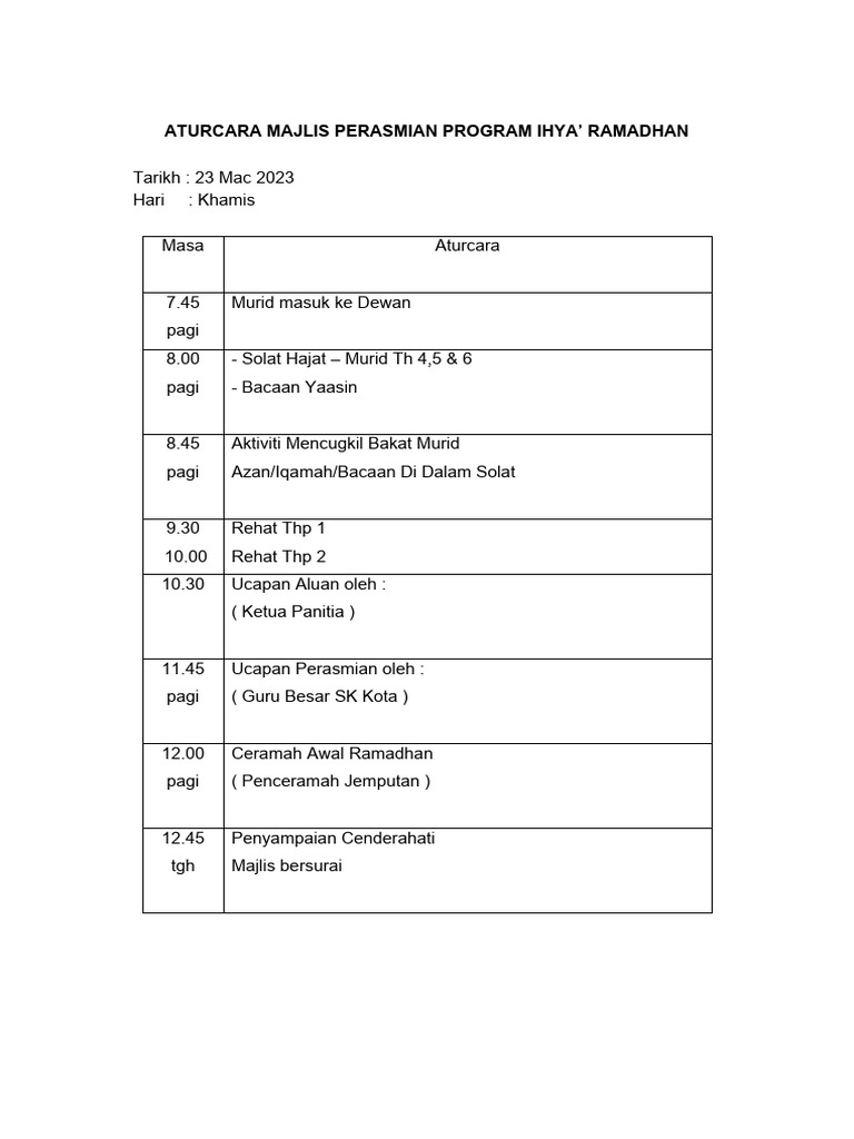 Aturcara Majlis Perasmian Program Ihya | PDF