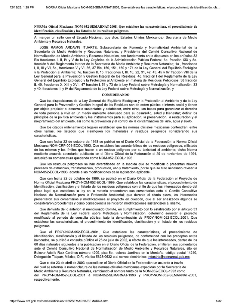 Norma Oficial Mexicana Nom-052-Semarnat.. | PDF