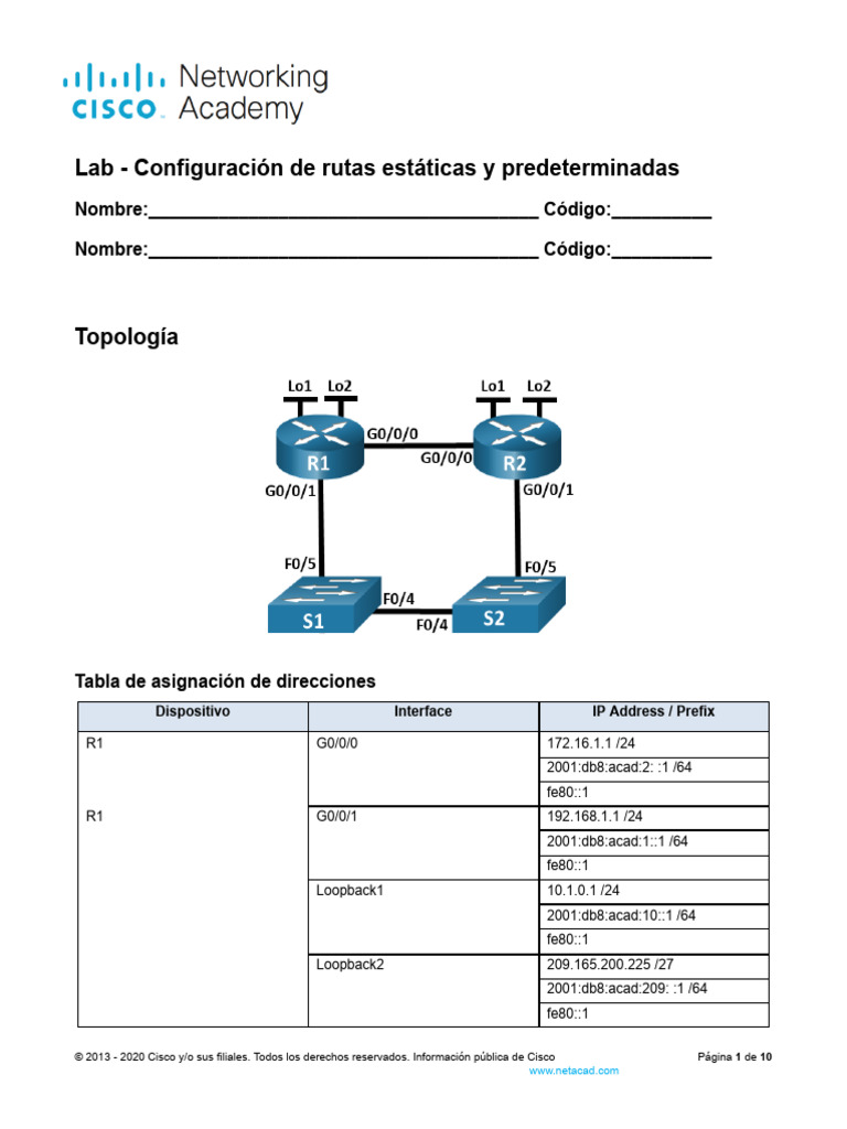 Lab 7 - Configurar Rutas Estáticas | PDF | Enrutador (Computación) | Dirección IP