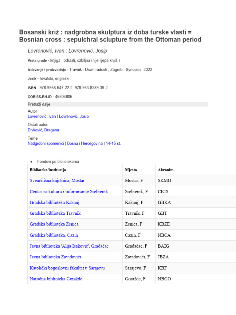 Ivan Lovrenović - Bosanski Križ - Nadgrobna Skulptura Iz Doba Turske Vlasti | PDF
