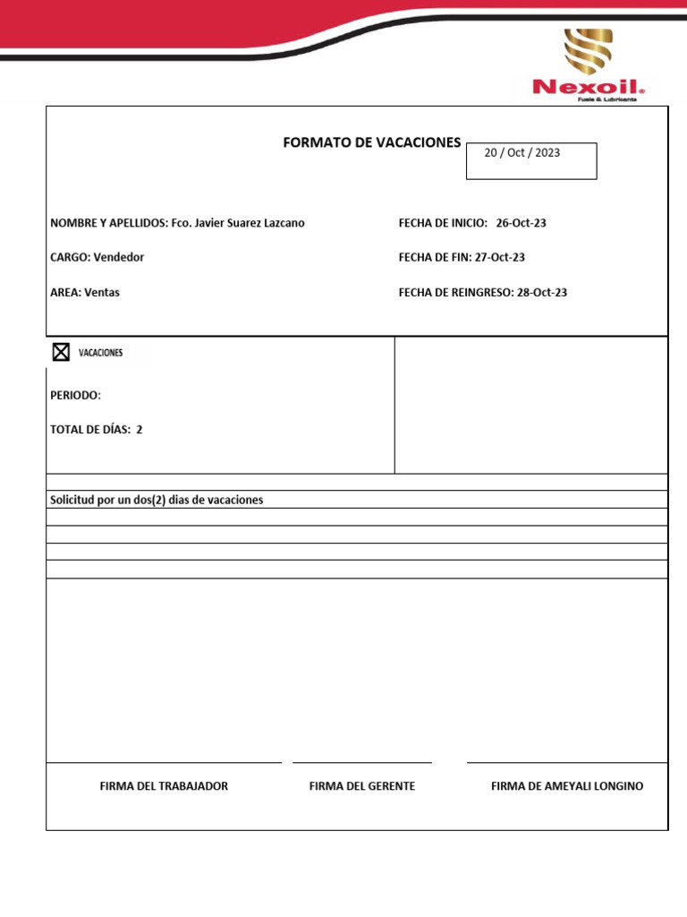 Formato Solicitud de Vacaciones Word | PDF