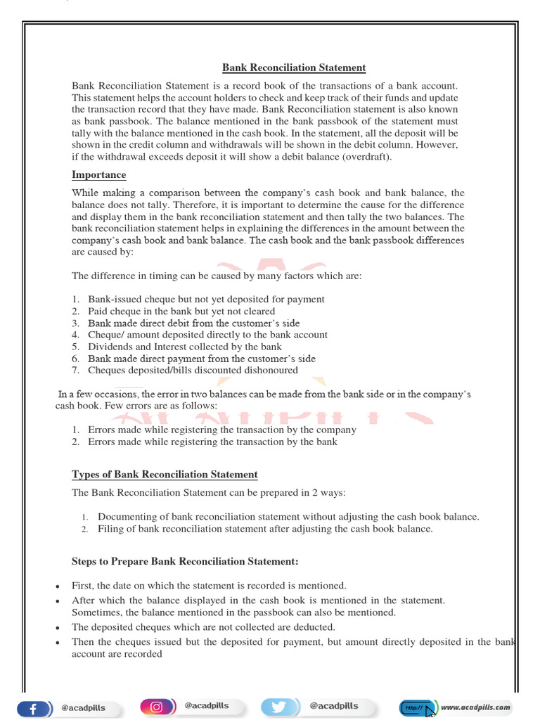Bank Reconciliation Statement Guide | PDF | Banks | Cheque