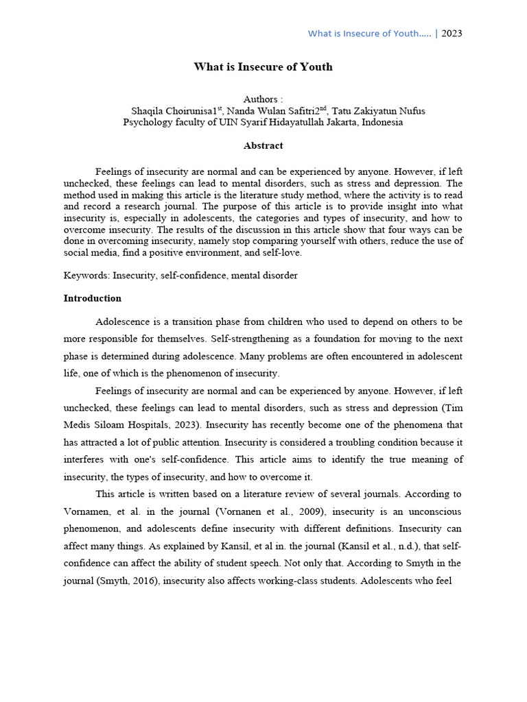 What is Insecurity of Youth (by Shaqila & Nanda) | PDF | Feeling | Self ...