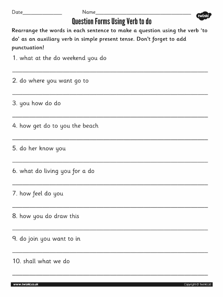 T2 E 1224 Question Forms Using Verb To Do Worksheet | PDF