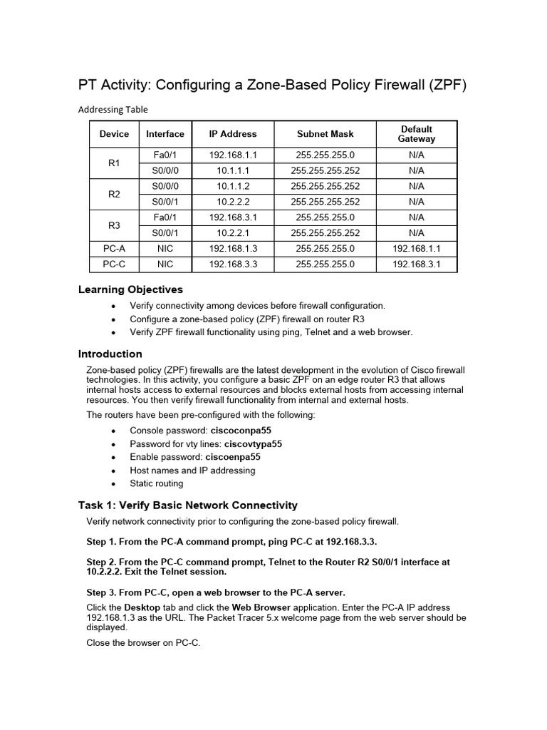 PT Activity Configuring A Zone-Based Policy Firewall (ZPF) | PDF ... PT Activity Configuring A Zone-Based Policy Firewall (ZPF) | PDF ...