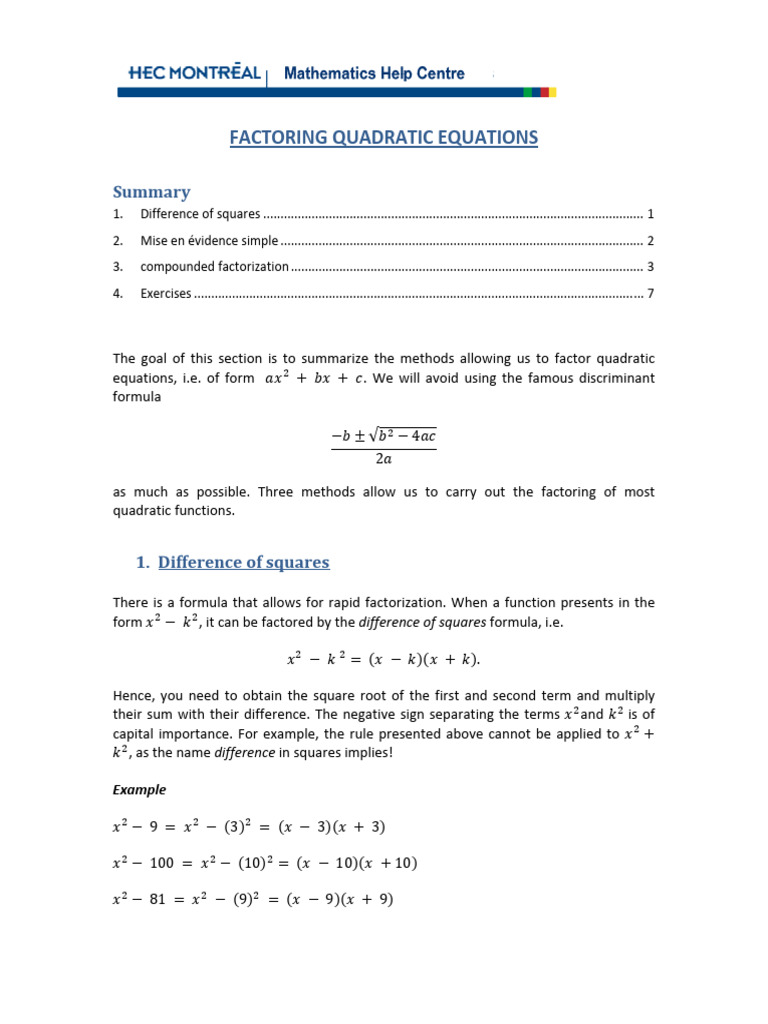 Factoring Quadratic Equations Pdf Factorization Quadratic Equation
