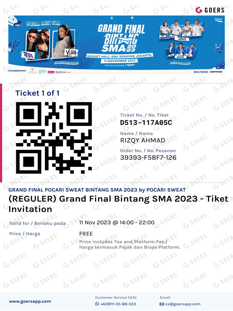 Ticket 1 of 1: (REGULER) Grand Final Bintang SMA 2023 - Tiket Invitation | PDF