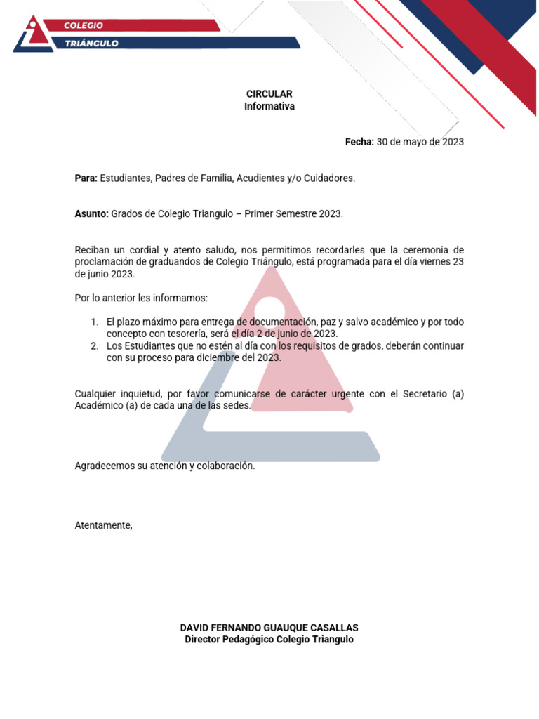 Circular Proceso de Grados Colegio 2023-I | PDF