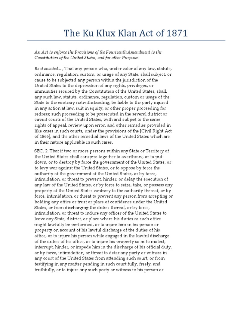 Ku Klux Klan Act of 1871 Overview | PDF | United States Constitution ...