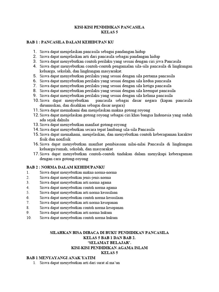 KISI-KISI PENDIDIKAN PANCASILA dan PAI KELAS 5 SEMESTER 1 | PDF
