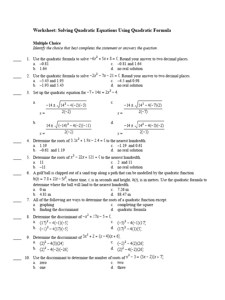 Quadratic Formula Worksheet Answers | PDF | Quadratic Equation ...