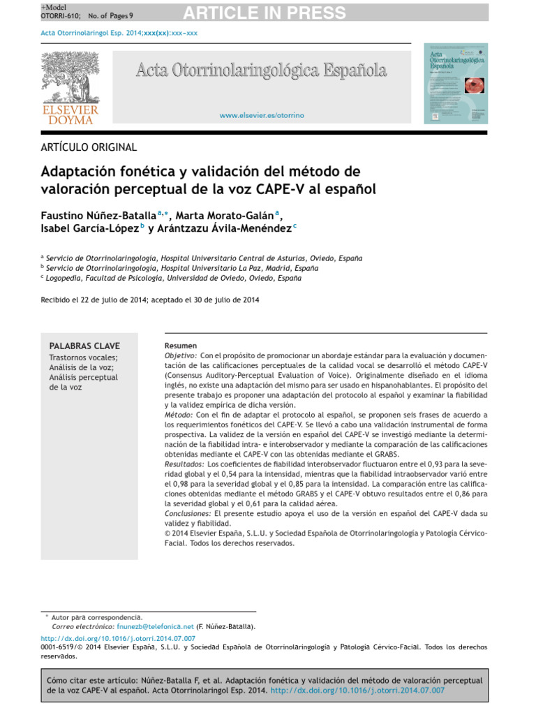 Adaptación Fonética y Validación Del Método de Valoración Perceptual de La Voz Cape-V Al Espa ...