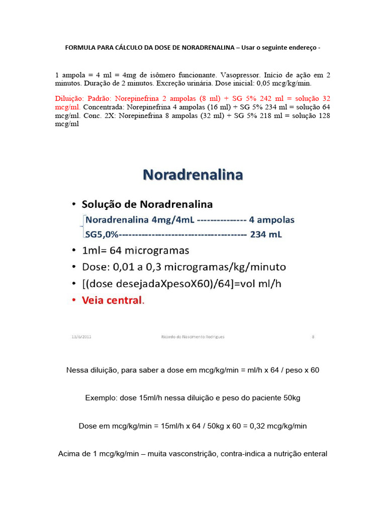 Formula para Cálculo Da Dose de Noradrenalina | PDF