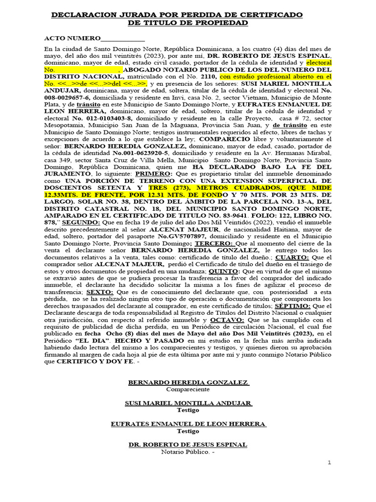 Declaracion Juradad de Perdida de Certificado de Titulo Caso Bernardo Manuel | PDF | República ...