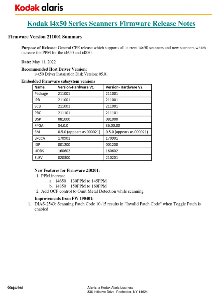 i4x50FWReleaseNotes v21 10 01 | PDF | Image Scanner | Computer Engineering