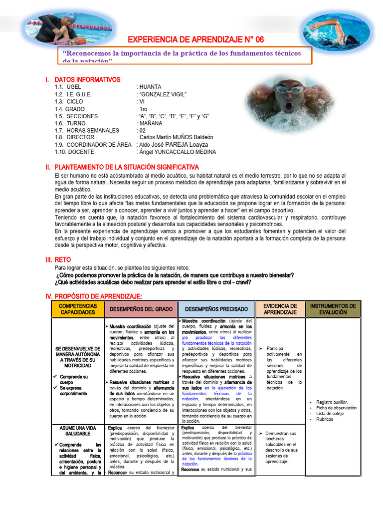 Experiencia de Aprendizaje #06 Natación | PDF | Aprendizaje | Nadando