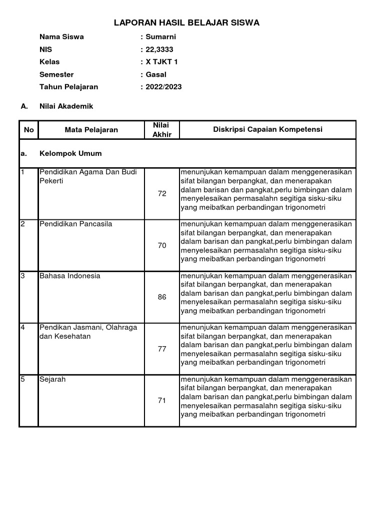 Format Rapot Kelas XI | PDF
