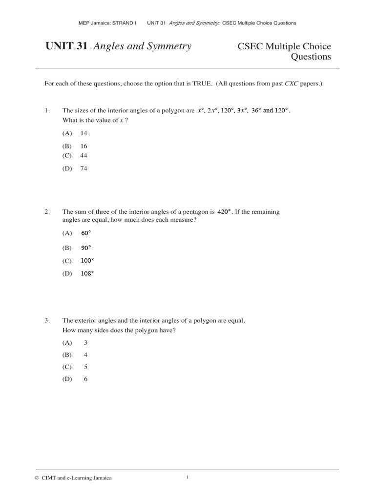 CSEC Angles and Symmetry MCQs | PDF | Science & Mathematics ...