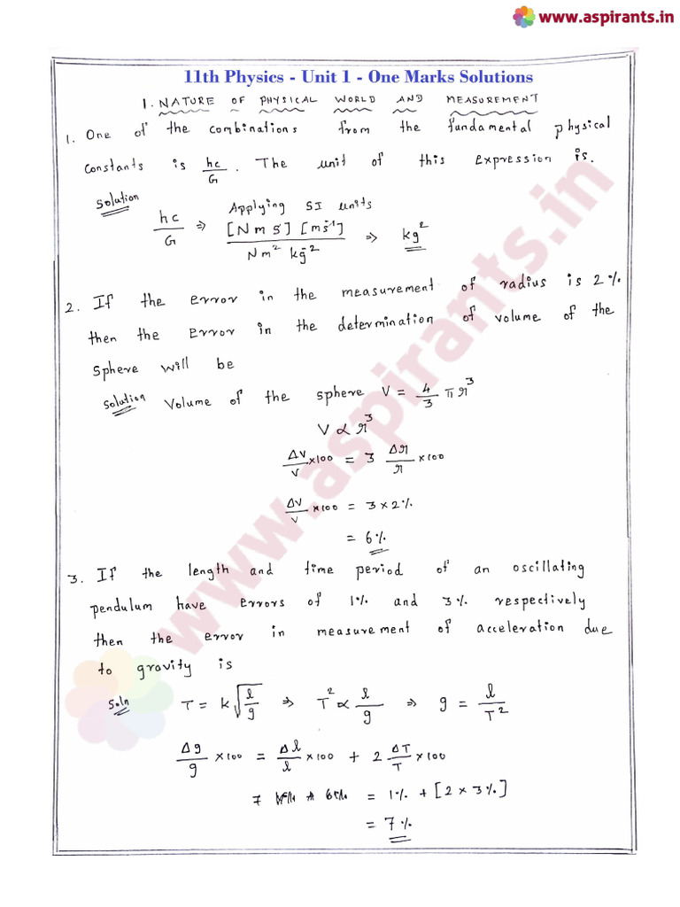 Aspirants AS1143 11th Physics Unit 1 One Mark Sums Solutions English Medium | PDF