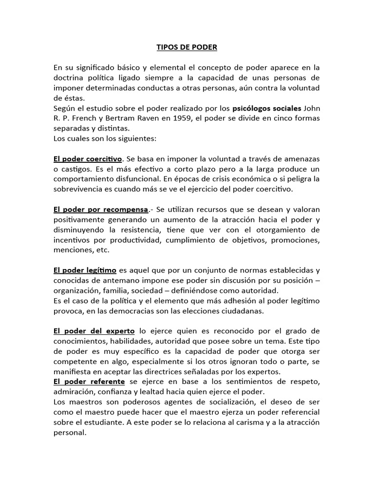 Tipos de Poder y Teorias de Poder - Trabajo | PDF | Ciencias Políticas ...