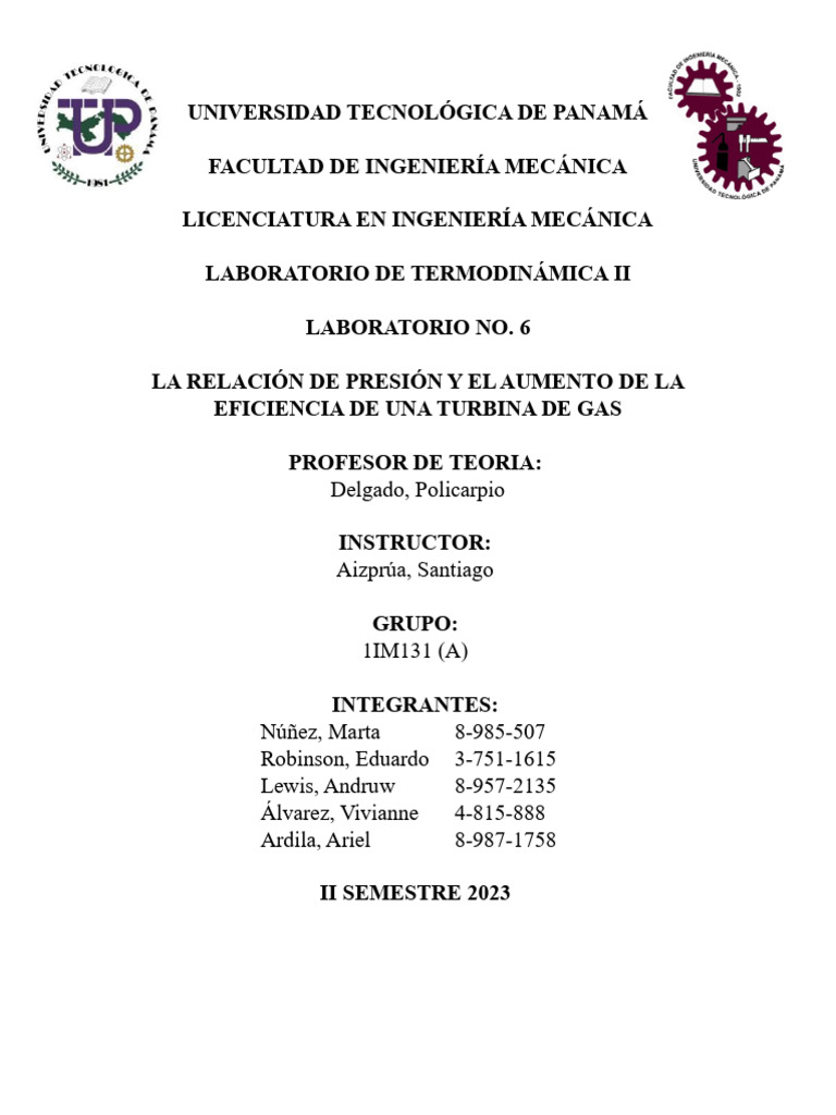 Lab. No.6 - Grupo No. 4 - Lewis, Robinson, Núñez, Álvarez, Ardila 1IM131 | PDF | Turbina | Gases