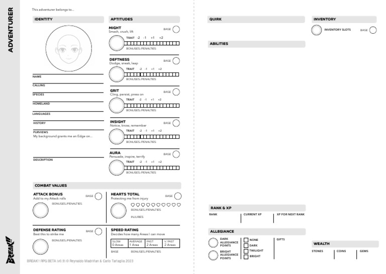BREAK Character Sheet | PDF | Role Playing Games | Gaming