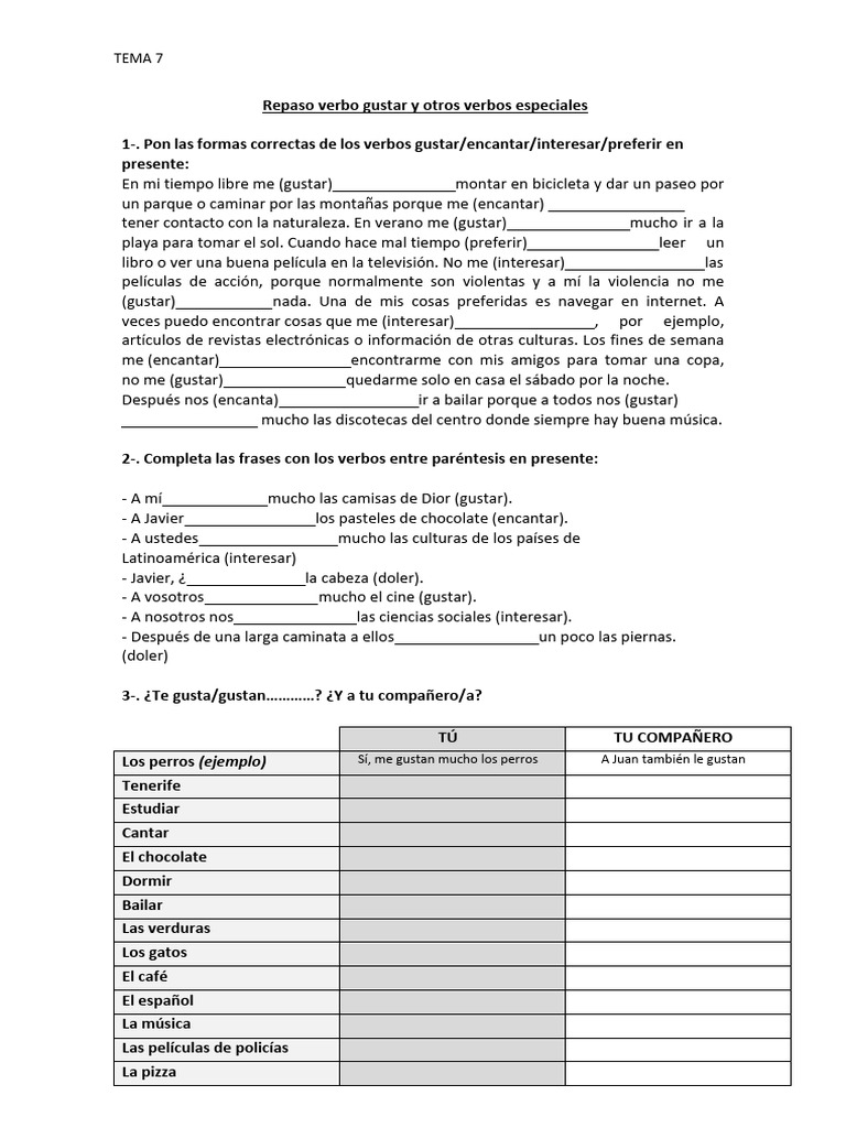 Repaso Verbo Gustar y Otros Verbos Especiales | PDF | Ficción general