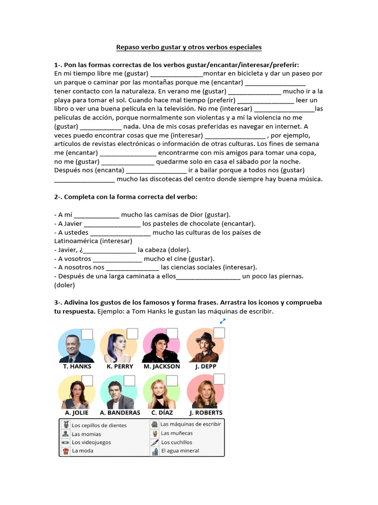 Ejercicios sobre el verbo gustar y encantar | PDF