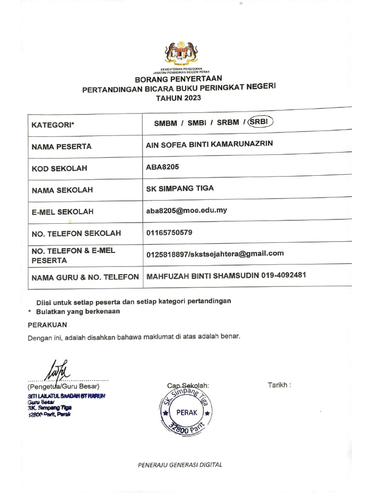 Borang Penyertaan Bicara Buku SKST Srbi | PDF