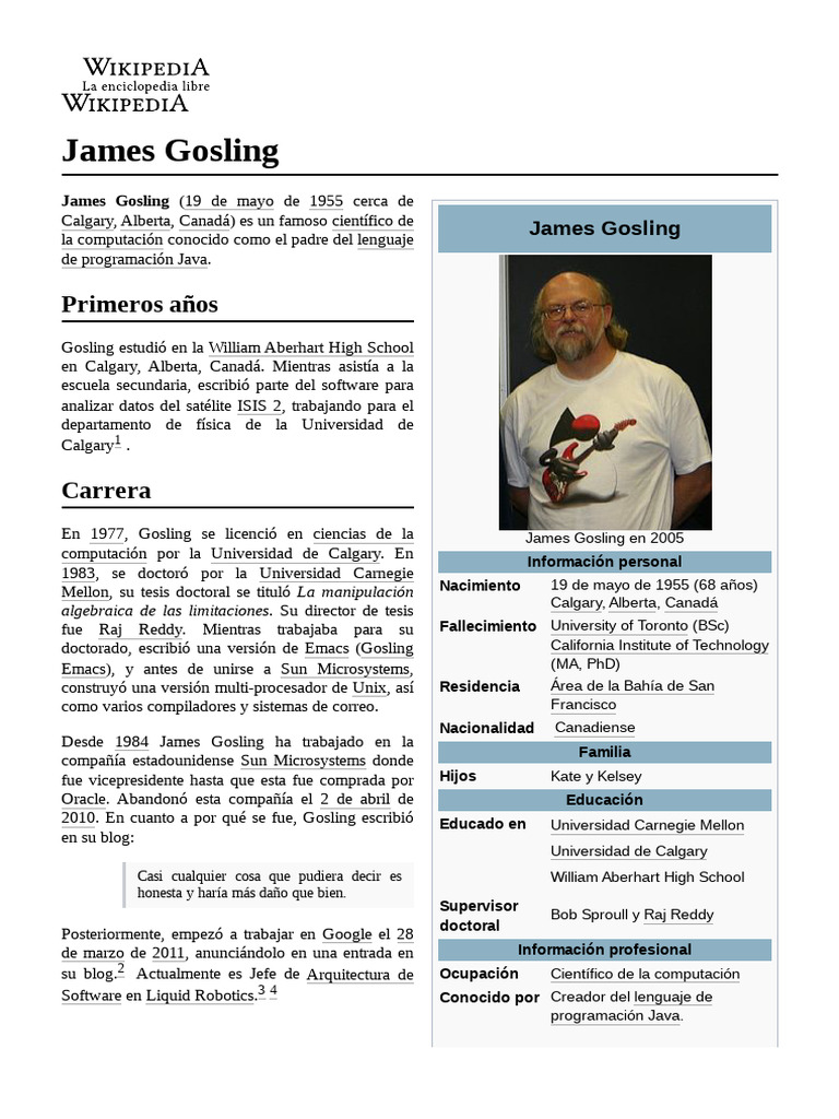 Biografía de James Gosling, creador de Java | PDF | Ciencias de la ...