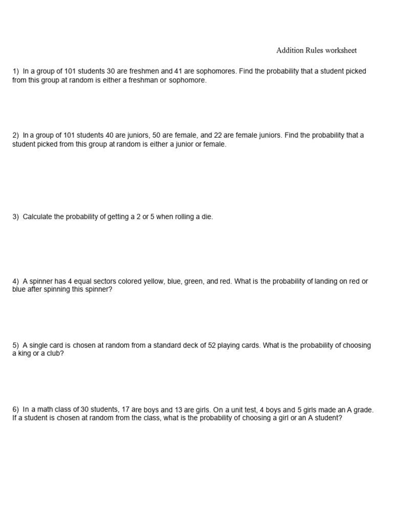 Addition Rules of Probability Worksheet | PDF | Wellness