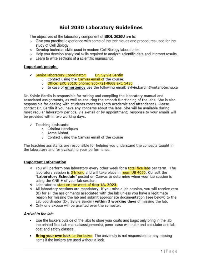 Biol 2030 Laboratory Guidelines | PDF | Laboratories