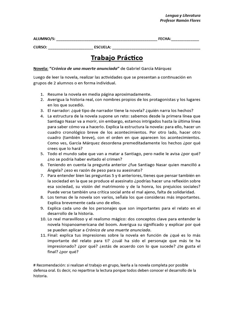 TP Novela Crónica de Una Muerte Anunciada | PDF | Novelas | Gabriel ...