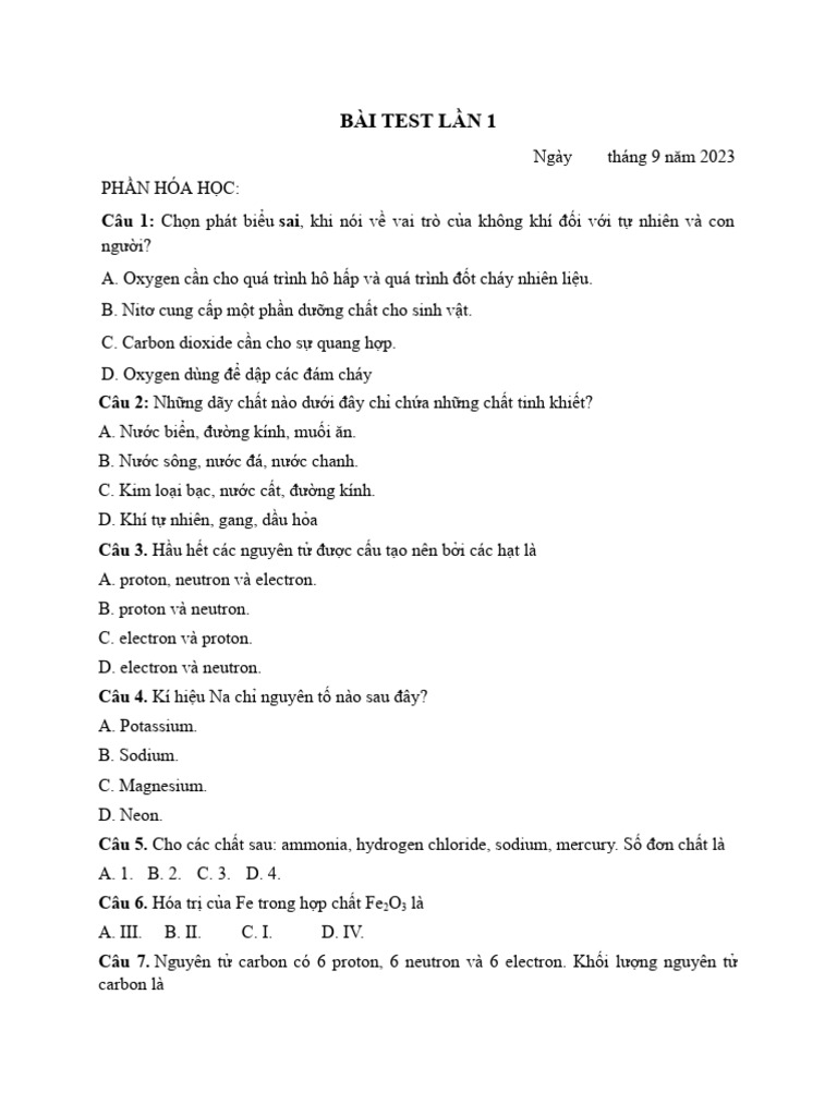 KHTN 8 bài test lần 1 | PDF