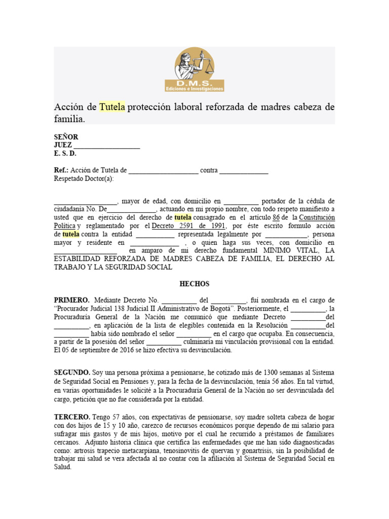 Acci n De Tutela Protecci n Laboral Reforzada De Madres Cabeza De