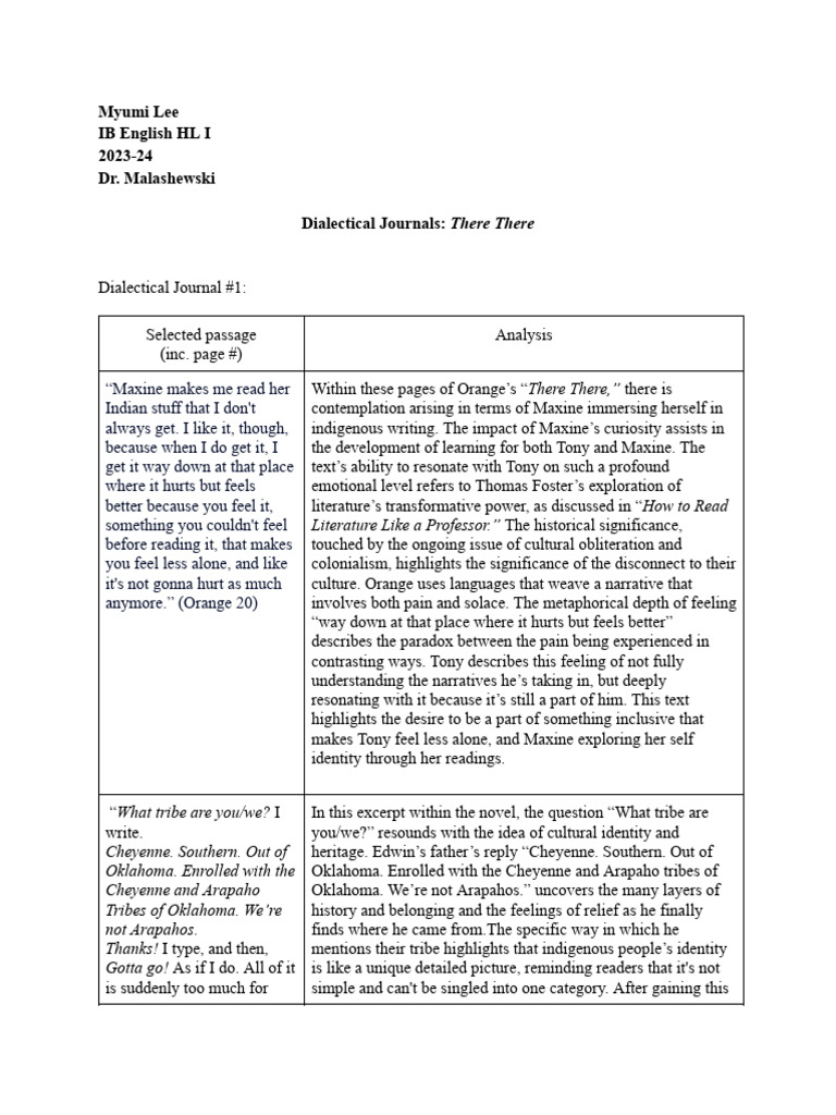 Dialectical Journals There There - Myumi Lee | PDF | Identity (Social ...