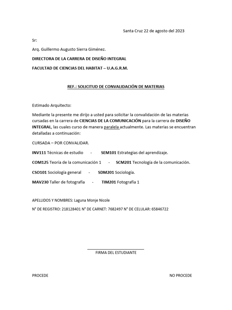 Carta de Solicitud de Convalidación de Materias 2023 | PDF