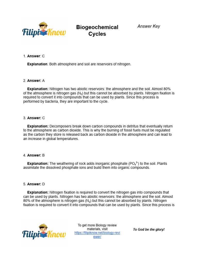 Biogeochemical Cycles Answer Key | PDF