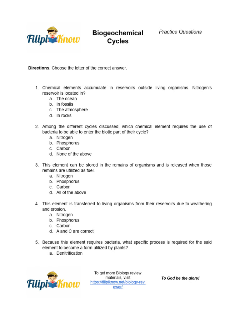 Biogeochemical Cycles Practice Quiz | PDF | Wellness | Science & Mathematics