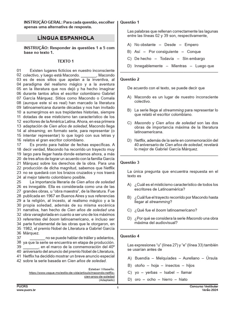 2023 11 18-Vestibular Verao 2024-00-Oc 01-Medicina-Prova 18 Nov-Prova | PDF | Gabriel García Márquez
