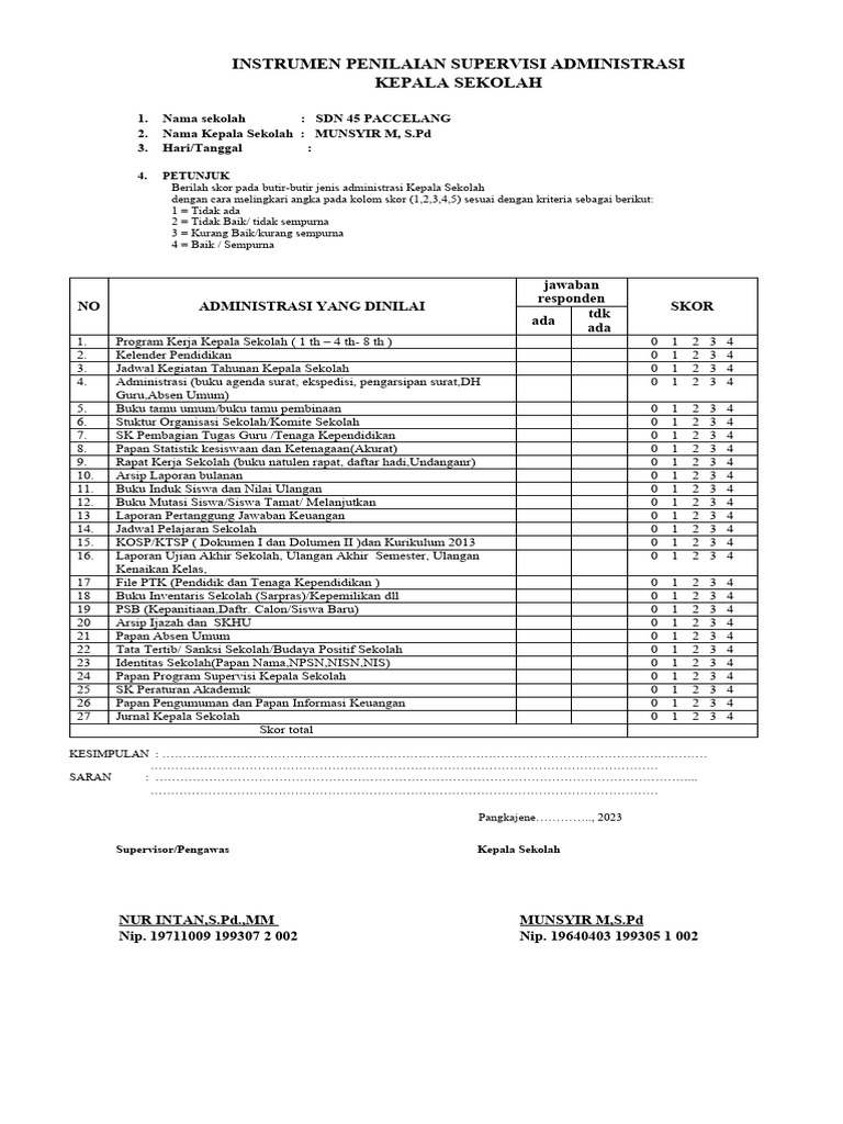 Instrumen Supervisi Kepala Sekolah | PDF
