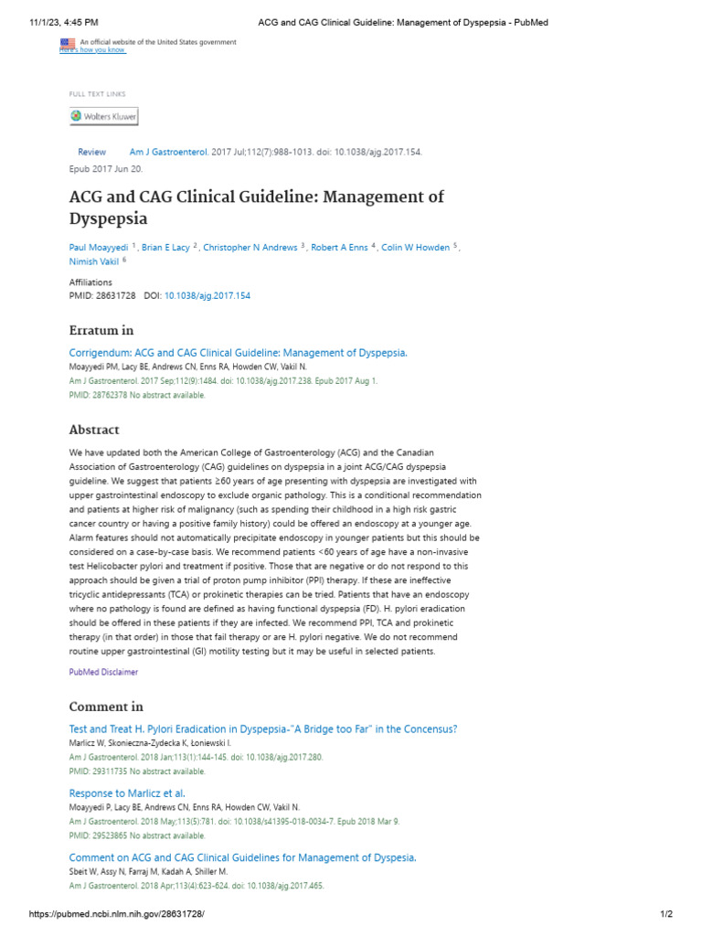 13 ACG and CAG Clinical Guideline - Management of Dyspepsia - PubMed | PDF | Indigestion | Pub Med