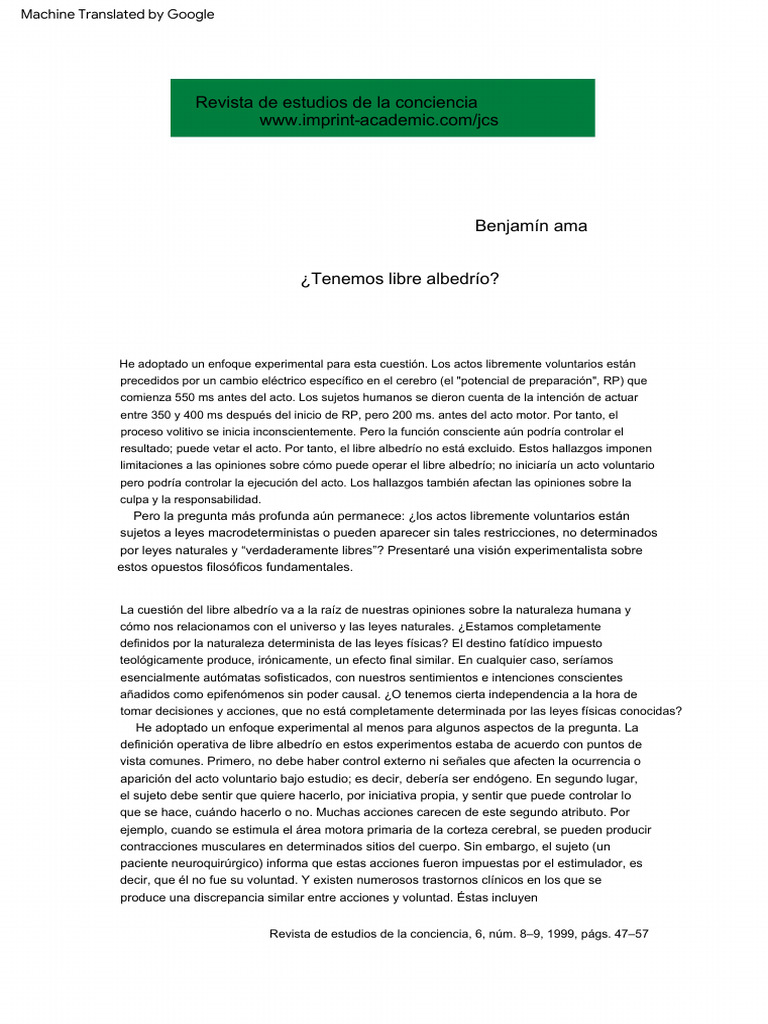 Benjamin Libet Traducido | PDF | Libre albedrío | Determinismo