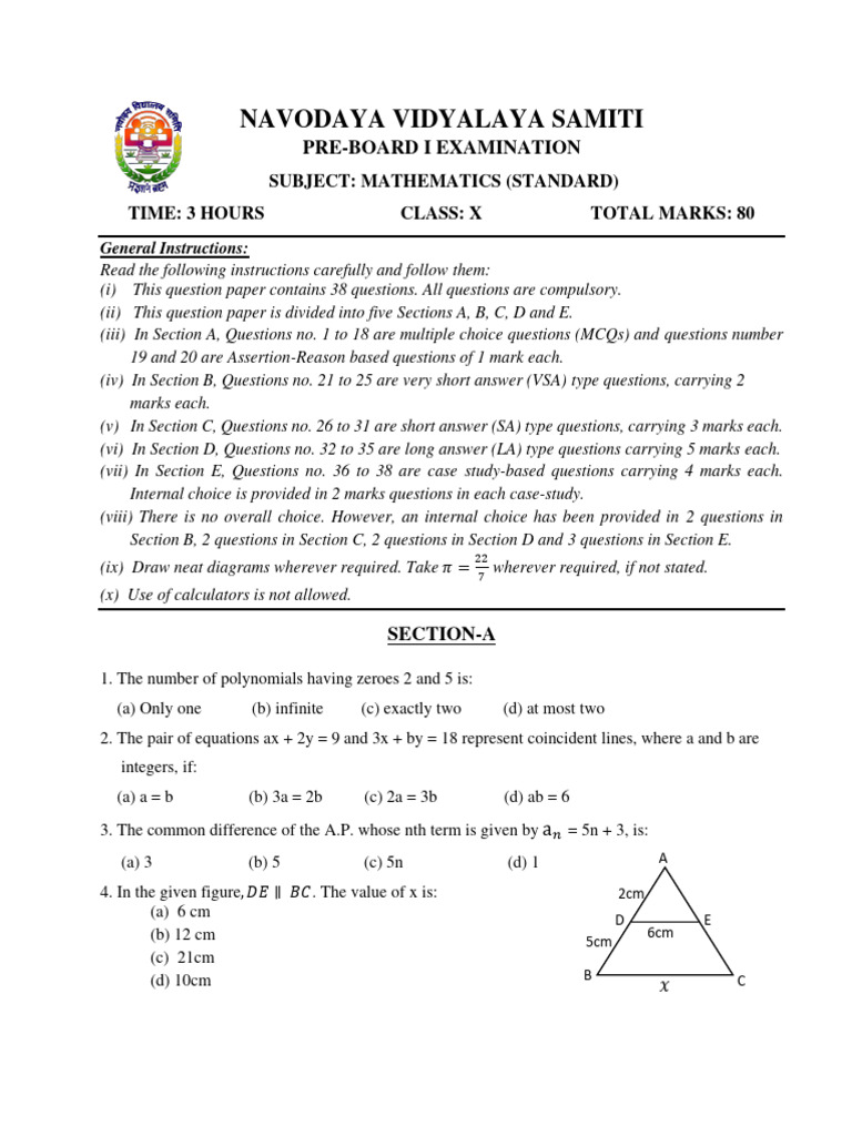 Maths (Standard) Class - X - SET-1 (English Version) | Download Free PDF | Mathematical Concepts ...